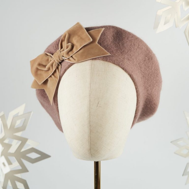 Beige Beret with Beige Velvet Ribbon Bow - Imogen's Imagination