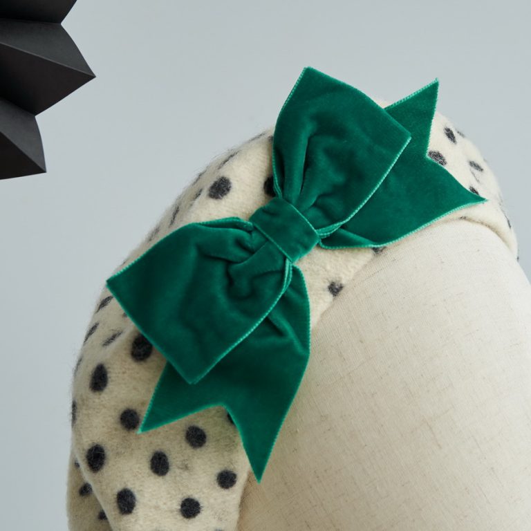 Polka Dot Beret with Green Velvet Ribbon Bow - Imogen's Imagination