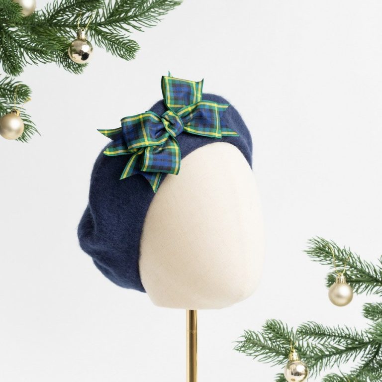 Navy Blue Beret with Gordon Tartan Ribbon Bow - Imogen's Imagination