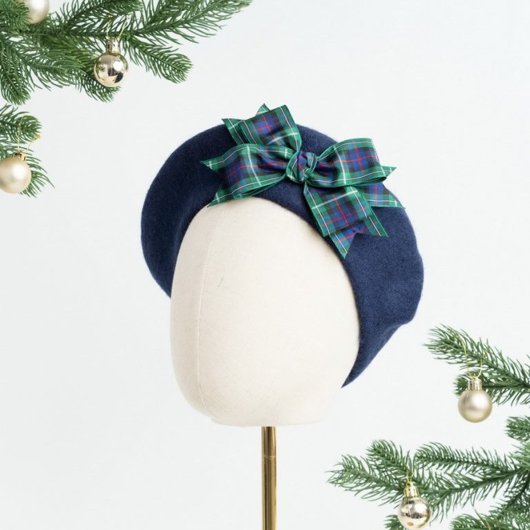 Navy Blue Beret with Mackenzie Tartan Ribbon Bow - Imogen's Imagination